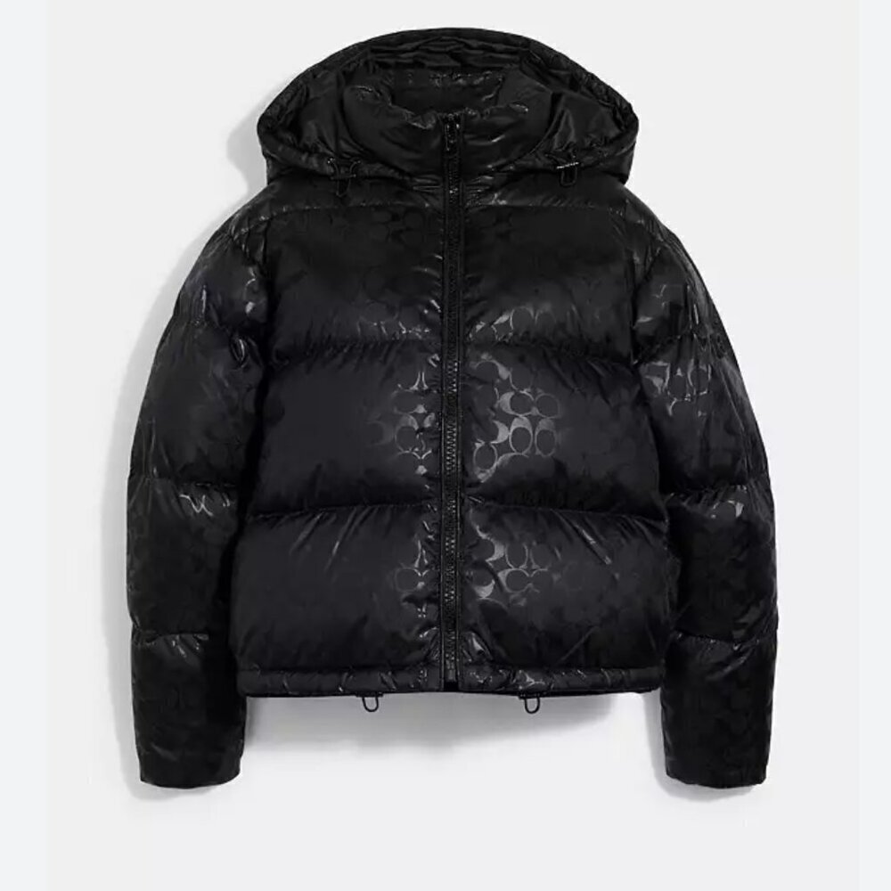Coach Down Short Puffer Black Glossy Logo Warm Jacket… - Gem